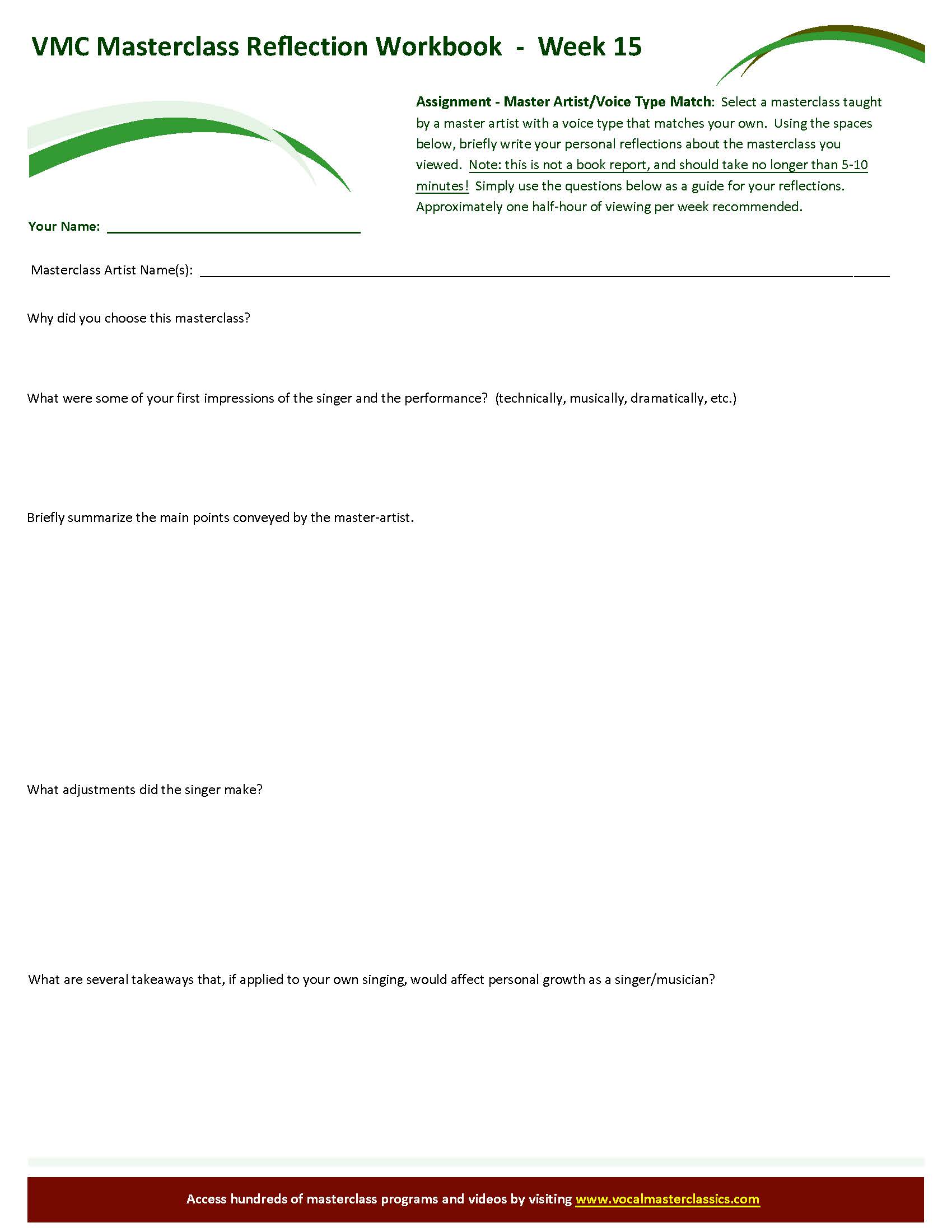 VMC Masterclass Reflection Book Sample Pages - Vocal Masterclassics