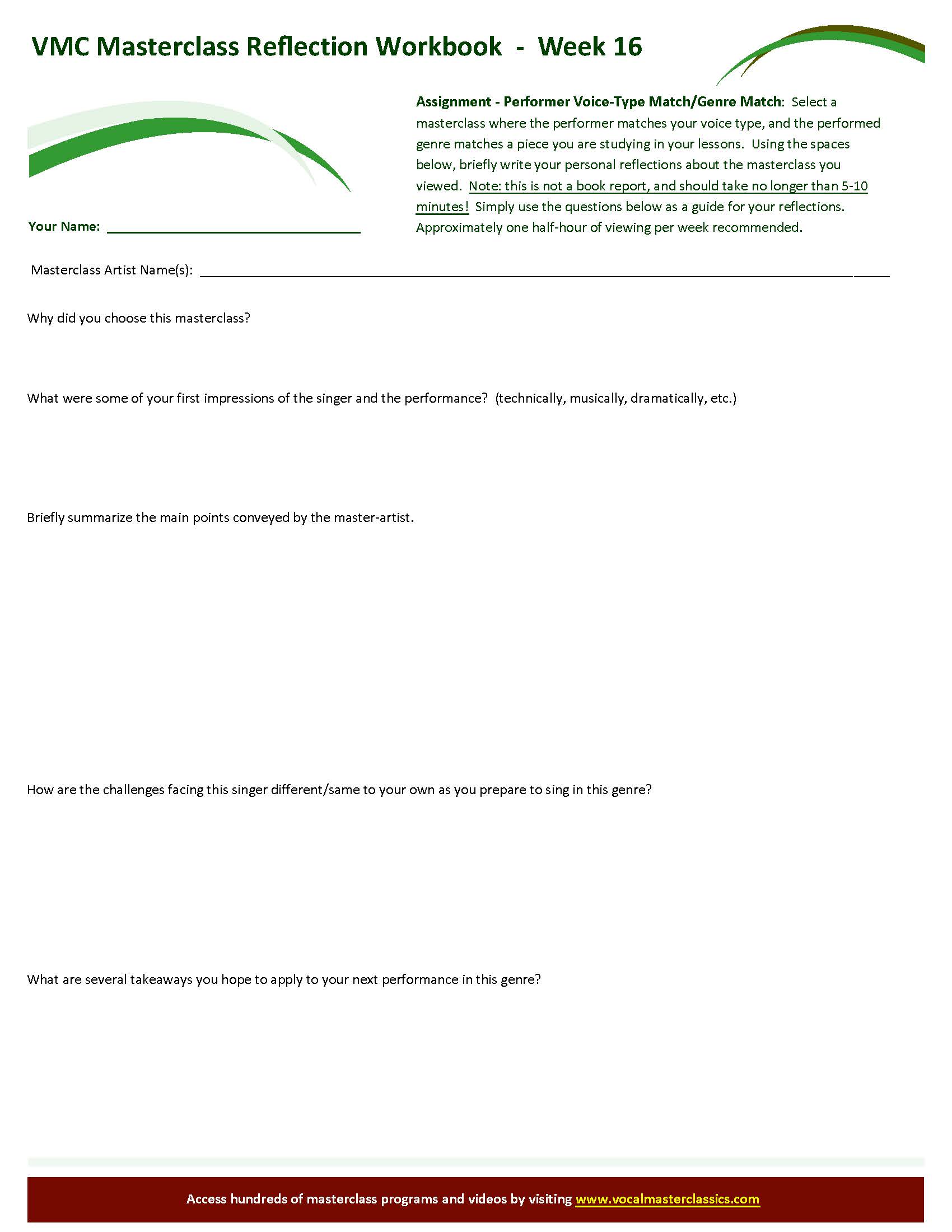 VMC Masterclass Reflection Book Sample Pages - Vocal Masterclassics